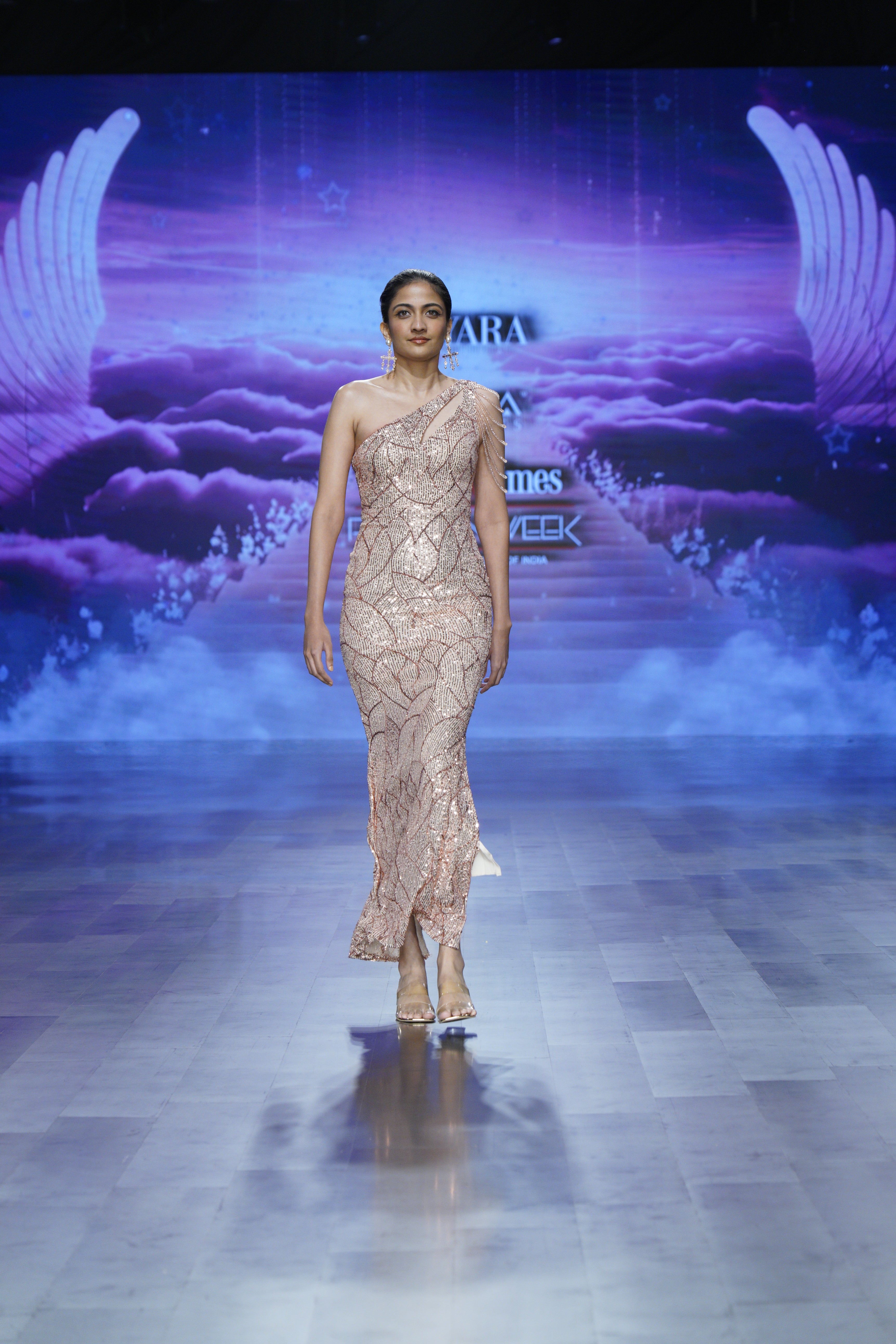 Ravya Gold Copper Mermaid Gown | One-Shoulder Sequin Dress - NIYARA India